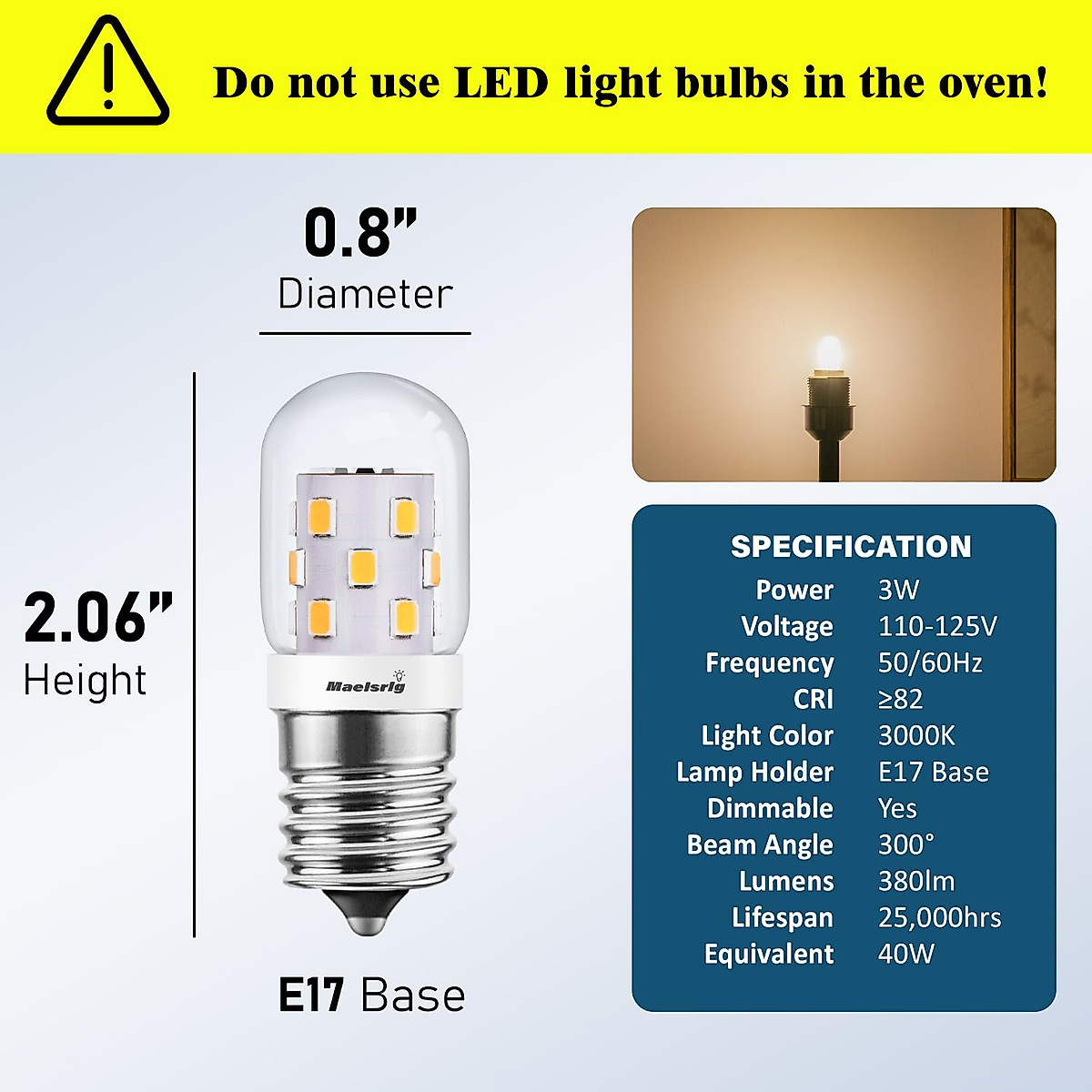 Maelsrlg LED Microwave Light Bulbs Under Hood 40W Equivalent, E17 LED Bulb Dimmable for Range Hood, 3W 380 Lumens, LED Appliance Light Bulb Over Stove, Warm White 3000K, 2 Pack