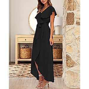 BTFBM Women's Summer Chiffon Maxi Dresses Deep V Neck Ruffle Short Sleeve Beach Party Cocktail Flowy Wrap Dress with Belt(Solid Black, X-Large)