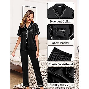 SWOMOG 4 Pcs Silk Pajamas for Women Shorts Set Satin Sleepwear Sexy Cami Pants Button-down Shorts Shirt Pjs Set Lounge Wear Black