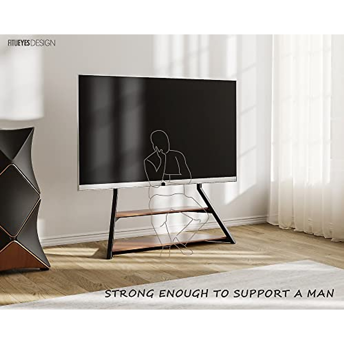 FITUEYES Design Corner Floor TV Stand for 75-100 Inch TV LCD LED Flat Curved TVs Heavy Duty TV Mount with Large Storage Wood Shelf Modern Entertainment Center, Up to 187 lbs, Eiffel Series