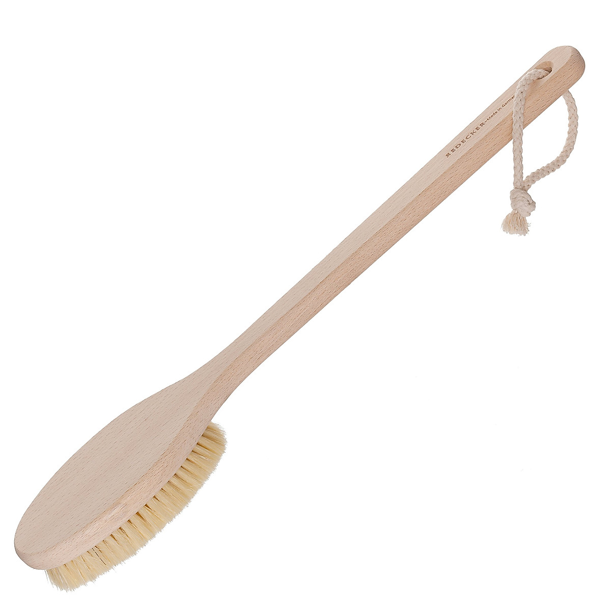 REDECKER Beechwood Bath and Shower Brush - Boar Bristle Back Brush Shower - 17-3/4 inch Handle for Hard-to-Reach Areas - Natural Pig Bristle Fibers Remove Dead Skin - Long Handled Bristle Shower Brush