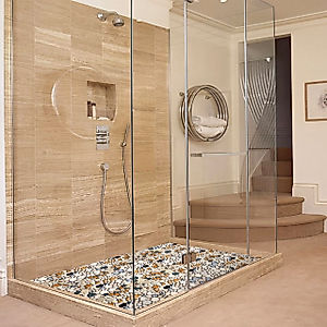 Primoon Pebble Stone Mosaic Tiles 5 Sheets, Beige Tan Brown Ceramic Mosaic Sheets Mesh Mounted 12x12, Glazed Porcelain Tile for Shower Floor Kitchen Bathroom Accent Wall Backsplash 【5 Sheets】