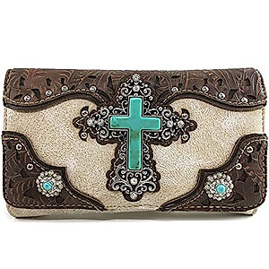 Zelris Turquoise Rhinestone Cross Western Women Crossbody Wrist Trifold Wallet (Beige)
