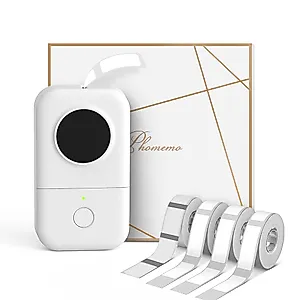 Phomemo D30 Label Maker Machine with 4 Tapes - Black on Clear, White Tape, Mini Bluetooth Label Printer, Portable Smart Phone Handheld Sticker Mini Labeler Inkless Rechargeable, BPA-Free