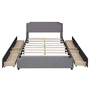 BIADNBZVelvet Queen Size Platform Bed Frame with Stud Trim Headboard and Footboard,4 Drawers for Bedroom/Guestroom,No Box Spring Needed,Gray
