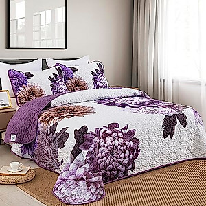 Dintszyayue Floral Quilt Set King Size, 3 Pieces Purple Flower Quilt Coverlet Set with 2 Pillowcases Lightweight Microfiber Bedspread All Season King 104"x90"