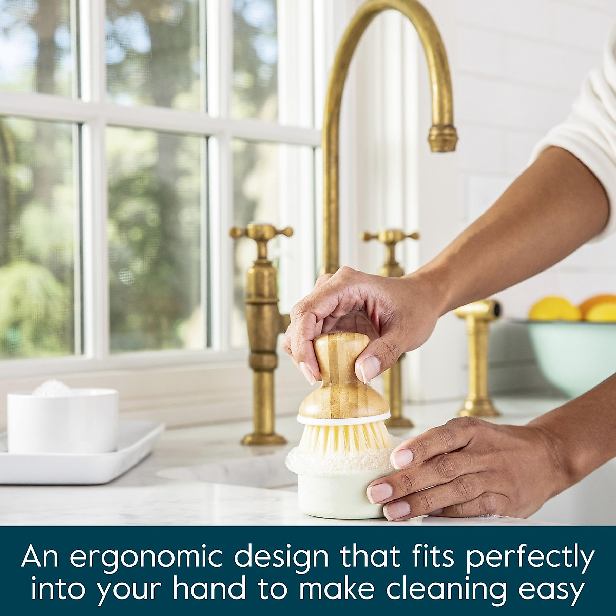 Grove Co. Bubble-Up Dish Soap Dispenser & 2 Pack Brush Set, Ergonomically Designed Dish Scrubber, Removes Tough Messes, Gentle on Dishes, Sustainable Solution to The World's Waste