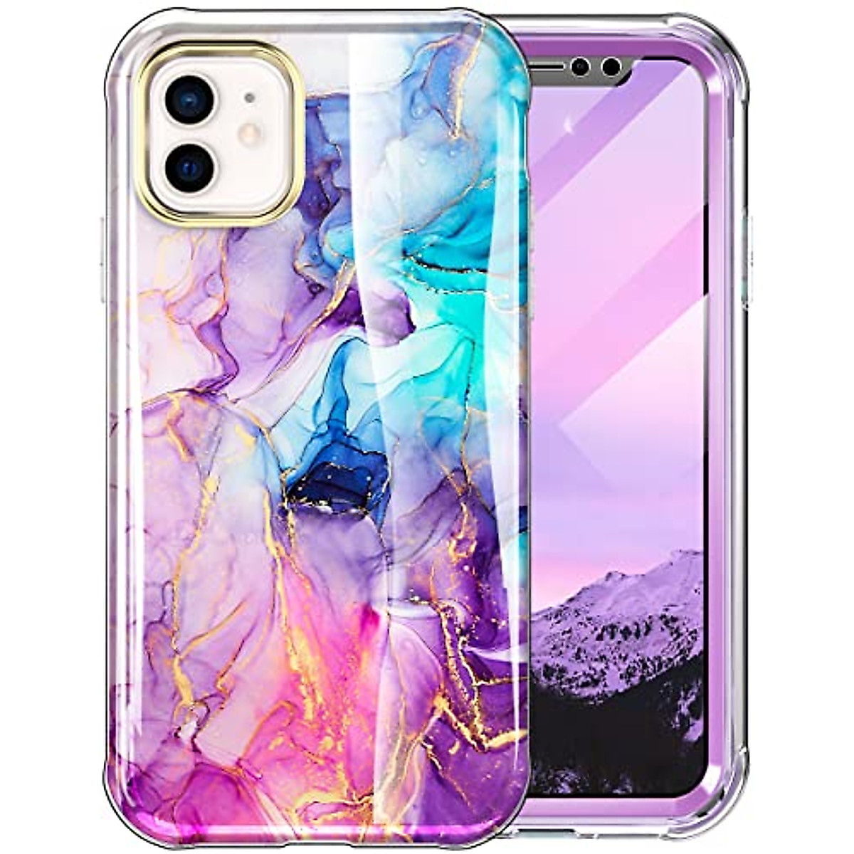 Hocase for iPhone 11 Case, (with Screen Protector) Shockproof Slim Lightweight Soft TPU+Hard PC Full Body Protective Case for iPhone 11 (6.1" Display) 2019 - Watercolor Marble