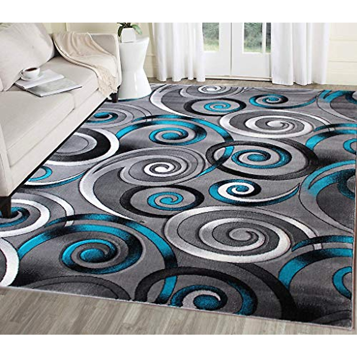 Masada Rugs, Turquoise Grey Modern Contemporary Woven Area Rug, Hand Carved (5 Feet X 7 Feet, Turquoise)