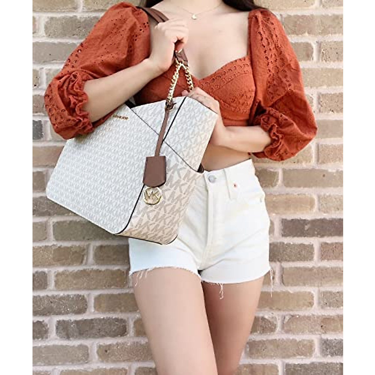 Michael Kors Jet Set Travel Large Chain Shoulder Tote (VANILLA Multi)