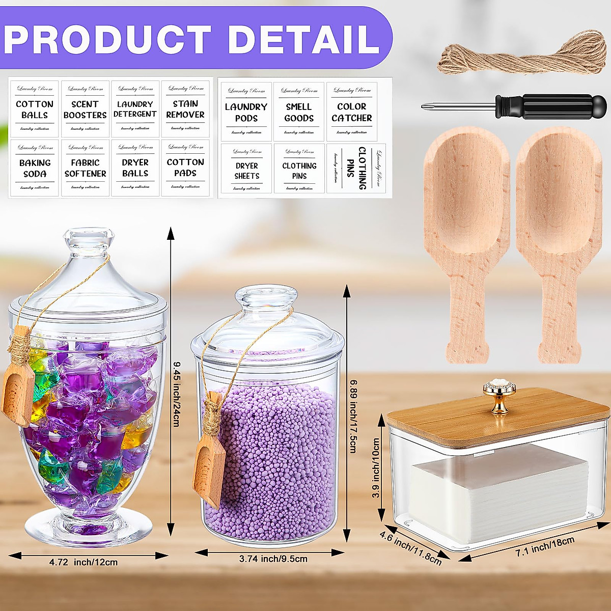 Sieral 3 Pcs Apothecary Jars with Lids Laundry Room Organization Bath Salt Container Acrylic Dryer Sheet Holder with Lid 14 Labels and 2 Scoops for Detergent