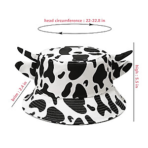 Cow Print Bucket Hat with Cute Horn Ears Cow Print Summer Beach Sun Hat Fisherman's Cow Bucket Hat (White)