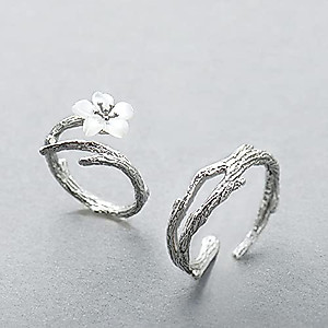 VNORA 925 Silver Couple'S Open Ring, 2Pcs Branch Cherry Blossom Texture Adjustable Ring, Suitable For Daily Wear Jewelry Woman