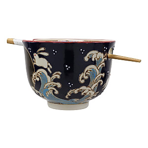 Ebros Gift Rabbits Jumping Over The Full Moon Ramen Udong Noodles 5" Diameter Bowl With Built In Chopsticks Rest and Bamboo Chopstick Set for Dining Soup Rice Meal Bowls Decor Kitchen