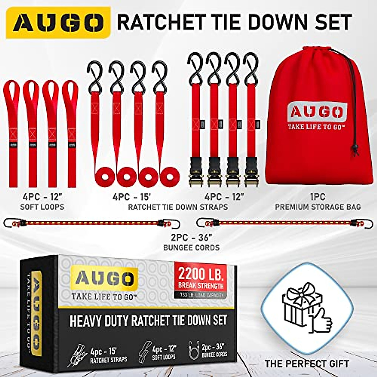 AUGO Ratchet Straps Heavy Duty 4 Pack -15 FT - 2200 LB Break Strength – Ratchet Tie Down Straps with Safety Lock S Hooks - Cargo Straps for Moving, Appliances, Motorcycle – Soft Loop Tie Down Straps