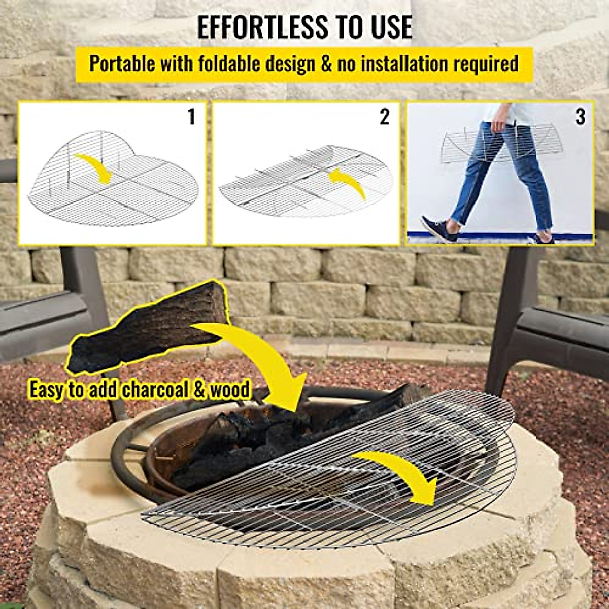 VEVOR Fire Pit Grates, Foldable Round Cooking Grate, Stainless Steel Tight Grid Campfire BBQ Grill with Portable Handle for Outdoor Picnic Party & Gathering, Silver (36 inch-No Handle)