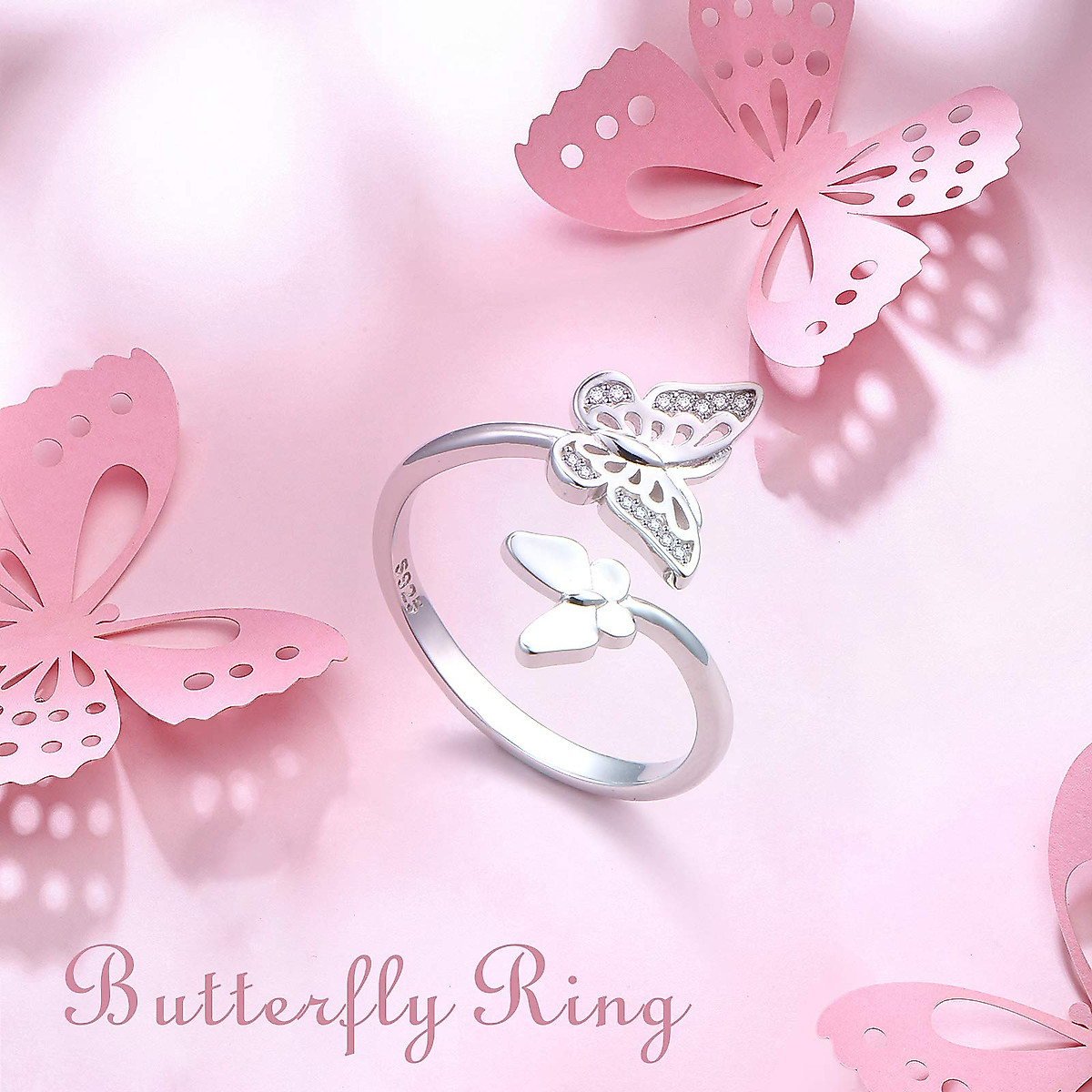FLYOW Butterfly Ring 925 Sterling Silver Double Butterfly Wrap Around Ring with White CZ Adjustable Thumb Open Rings for Women Jewelry Gifts