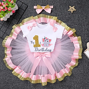 IDOPIP Elephant 1st Birthday Outfit for Baby Girl Elephant Romper + Ruffle Tulle Tutu Skirt + Headband 3PCS Clothes Set for Elephant Theme Jungle Zoo Birthday Cake Smash Photo Shoot Pink 1 Year