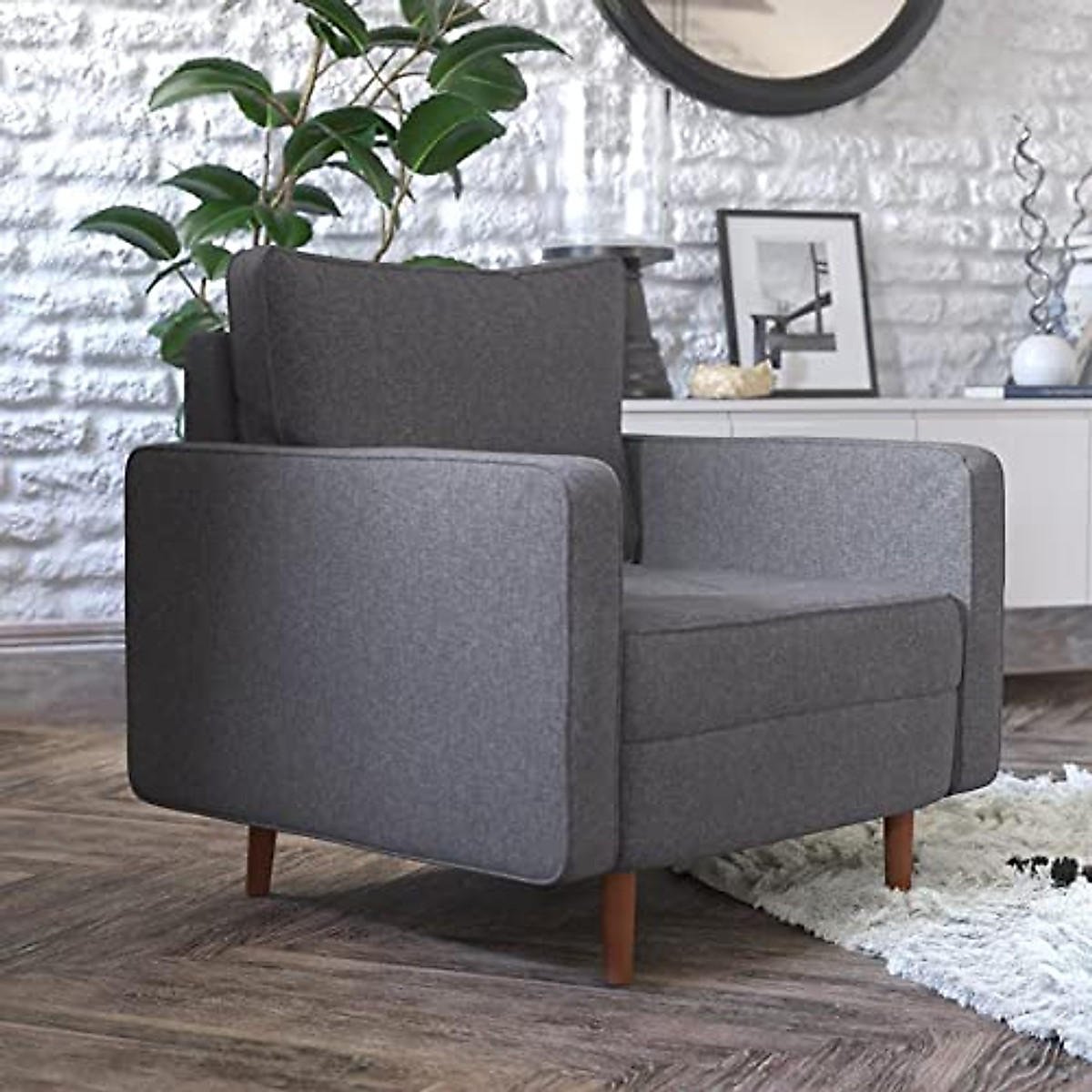 Flash Furniture Hudson Mid-Century Modern Commercial Grade Armchair with Tufted Faux Linen Upholstery & Solid Wood Legs, Set of 1, Dark Gray