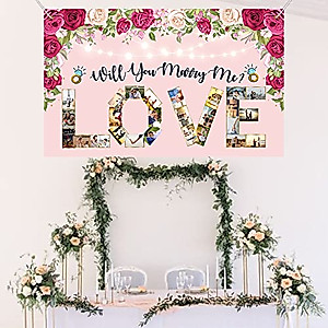 MEFENG Will You Marry Me Photo Backdrop Banner-Rose Diamonds and LOVE Sign Photo Banner-Proposal Announcement Engagement Wedding Bridal Shower Party Decor-Indoor Outdoor Photo Backdrop Banner.6*3.6feet