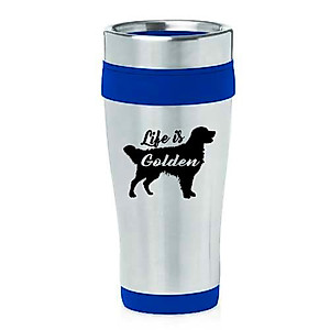 16oz Insulated Stainless Steel Travel Mug Coffee Mug Tumbler Golden Retriever 'Life is Golden' (Blue)