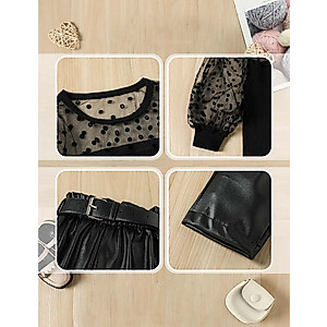 Fommy Toddler Girl Clothes, 5-6T Girls Clothes Mesh Puff Long Sleeve Top + PU Leather Pants 2Pcs Girls Outfit Set