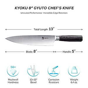 KYOKU Samurai Series - Chef Knife 8" - Japanese High Carbon Steel - Ultra Sharp Blade Ergonomic Pakkawood Handle - with Sheath & Case