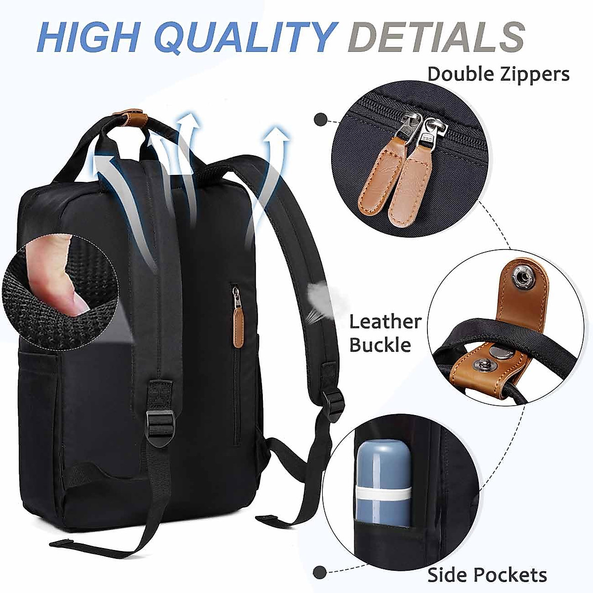 Kasqo Backpack for Women Men, 15.6" Large Capacity Water Resistant Laptop Bookbag Fashion School Bag with USB Charging Port for College Travel Work, Black