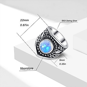 MYLYAHY S925 Sterling Silver Round Moonstone Full Finger Wide Bands Ring,S925 Sterling Silver Retro Vintage Antique Crystal Big Large Thumb Index Bands Ring,Natural Genuine Real Gemstone Boho Statement Bands Ring Jewelry Gift for Women Girls Her (Ring_C,