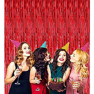 2 Pcs 3.2ft x 8.2ft Shiny Red Metallic Tinsel Foil Fringe Curtains Photo Booth Backdrop for Birthday Wedding Holiday Celebration Bachelorette Party Decorations (Red)