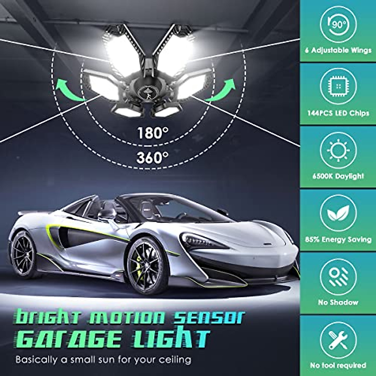 150W Motion Sensor Garage Lights 2 Pack 15000lm Garage Lighting Ultra Bright Motion Activated Garage Light Bulbs with 6 Adjustable Panels Shop Light for Garage Attic Warehouse Workshop Basement