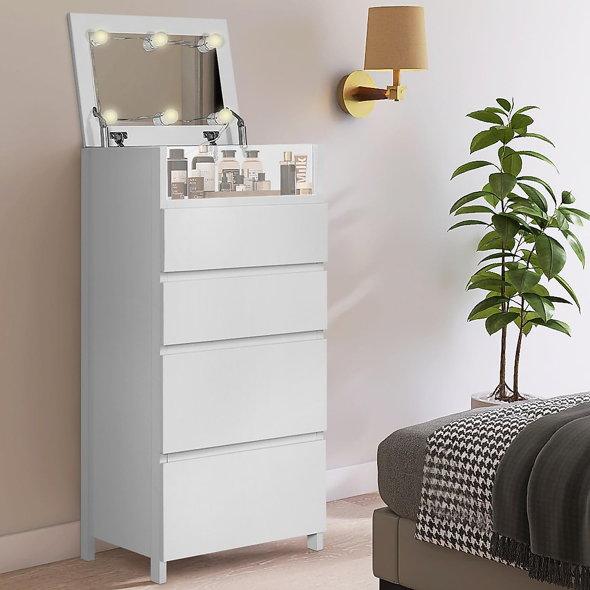 LTMEUTY Dresser for Bedroom, 4 Drawer Dresser with Mirror and Lights, Modern Tall Chest of Drawers with Makeup Organizer for Small Space, Bedroom, Entryway, Living Room (White)