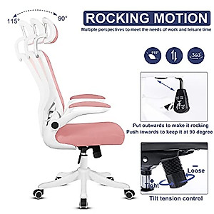 Misolant Office Chair, Ergonomic Desk Chair, Computer Chair, Mesh Office Chair, Office Chair with Adjustable Lumbar Support and Headrest, Executive Office Chair Pink, Desk Chair with Flip-up Armrest