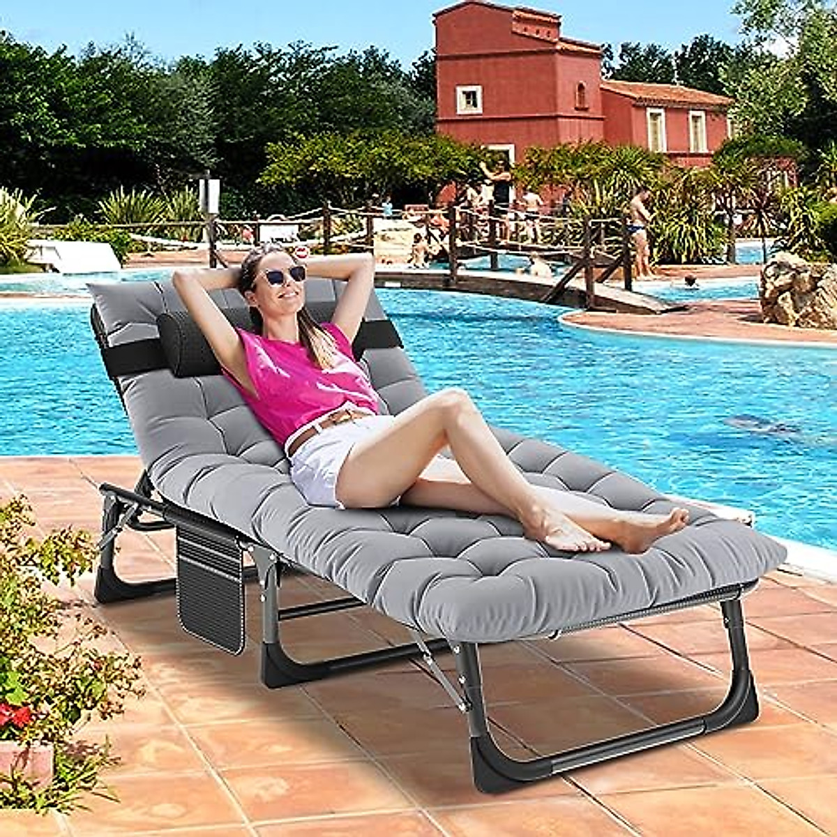 DoCred Folding Lounge Chair with Mattress, 4 Position Adjustable Folding Sleeping Bed Cot Chaise Lounge Chairs Perfect for Sunbathing, Camping, Pool, Beach, Patio