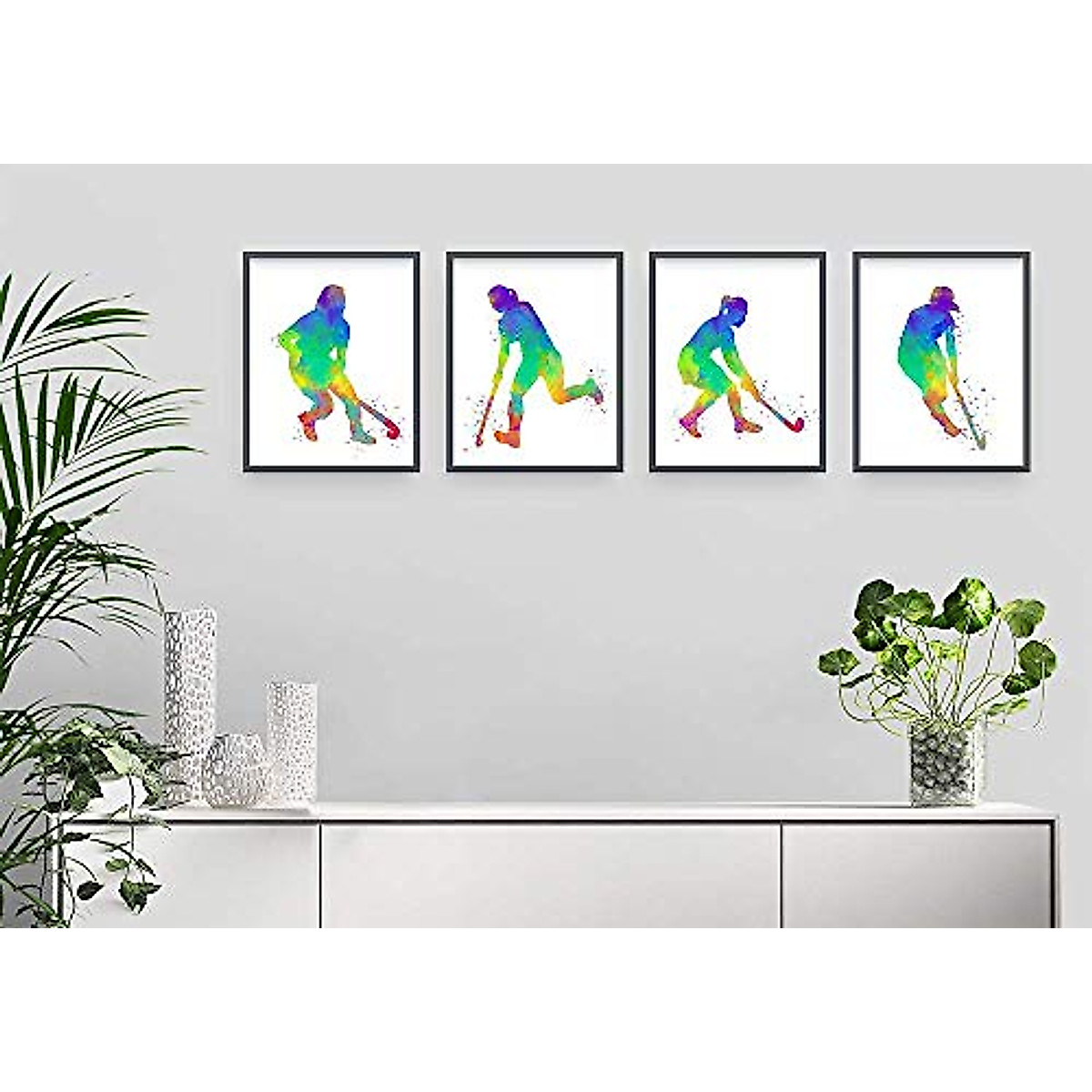 Field Hockey Player Abstract Wall Art, 8x10, Ready to Frame Set of 4 Prints, Ideal for Female Players, Coaches and Hockey Fans - Great Teen Girl Bedroom, Hockey Club Locker Room or Dorm Room Décor