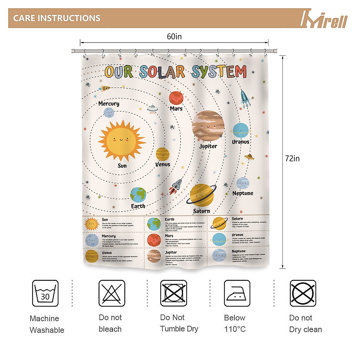 Imirell Space Galaxy Solar System Shower Curtain 60Wx72H Inches Cartoon Planets Educational Learning Tool Universe Knowledge Nursery Kids Bathroom Decor Fabric Waterproof Polyester 12 Pack Hooks