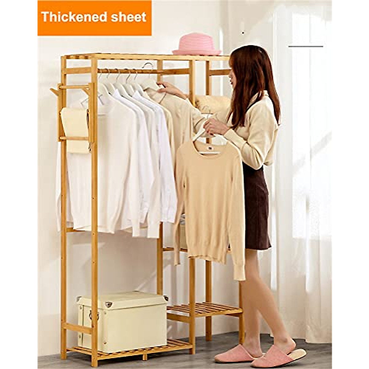ZJDU Bamboo Wood Garment Rack,Free Standing Closet Organizer,5 Tiers Storage Shelf Corner Clothes Hanging Rack,Storage Box Shelves, for Home Laundry Commercial Office,90×30×145cm