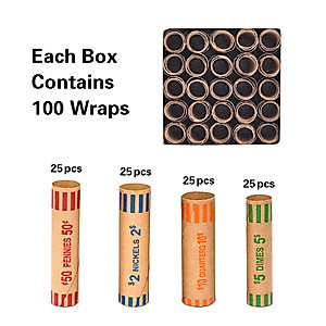 100pcs Assorted Heavy Duty Preformed Coin Wrappers Rolls - Quarters, Pennies, Nickels and Dimes (Total 100 pcs)