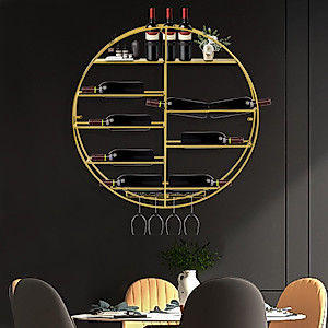Gdrasuya10 Gold Wall Mounted Wine Racks Modern Metal Hanging Wine Bottle Holder Shelf for 12 Bottles and 4 Glass Cups Round Multipurpose Wine Storage Display Rack for Home Bar Dining Room Kitchen
