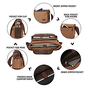 Modoker Messenger Bag for Men, 13 Inches Laptop Satchel Bags, Canvas Shoulder Bag with Bottle Pocket, Brown