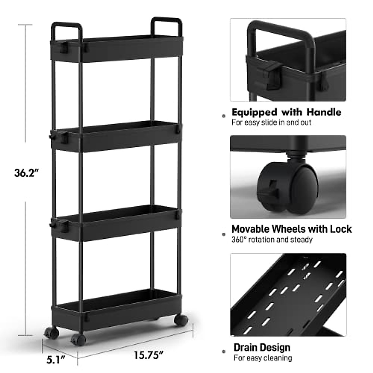 SOLEJAZZ Slim Storage Cart, 4 Tier Bathroom Organizer Mobile Shelving Unit, Rolling Utility Cart Slide Out Organizer for Kitchen, Bathroom, Laundry, Narrow Places, Black