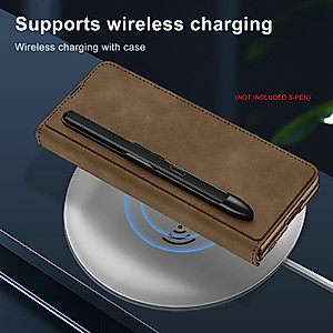 DEMCERT for Samsung Galaxy Z Fold 5 Case with [Fold5 Edition S-Pen Slot], Military Armor Cases Full Body Protective Anti-Scratch Hard Slim Leather Bracket Case with Screen Protector (Brown)