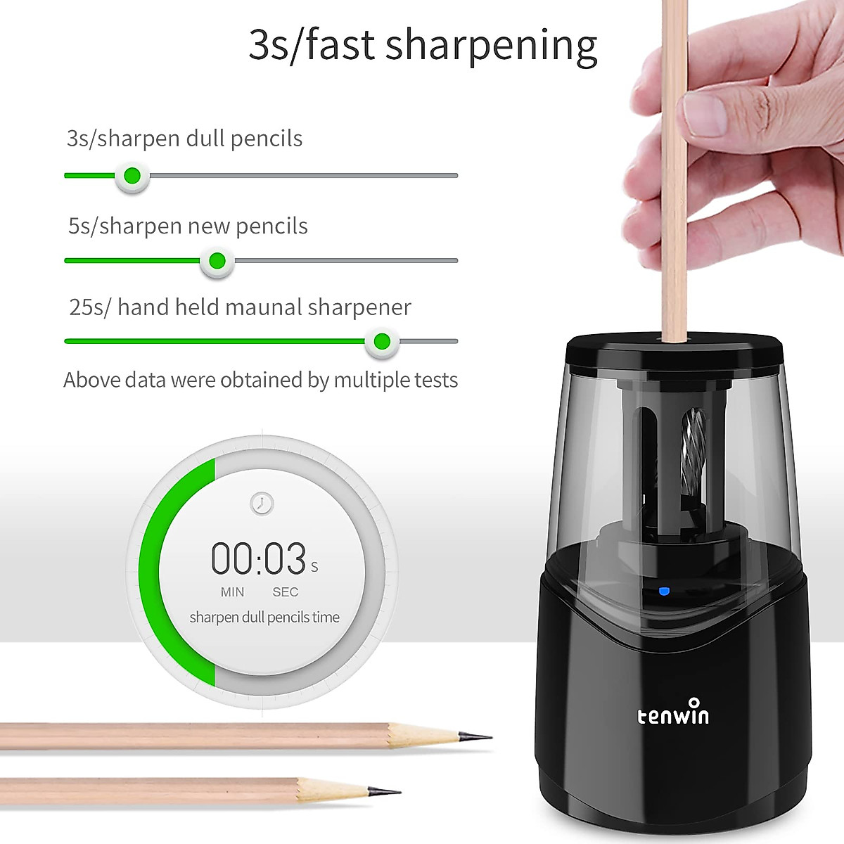 tenwin Rechargeable Electric Pencil Sharpener with Durable Helical Blade to Fast Sharpen, Heavy Duty Pencil Sharpener for No.2 & Colored 6-8mm Pencils for School Office Home (Black)