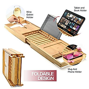 Luxury Bathtub Tray Caddy - Foldable Waterproof Bath Tray & Bath Caddy - Wooden Tub Organizer & Holder for Wine, Book, Soap, Phone Luxury Gift For Men & Women - Expandable Size, Fits Most Tubs Home It