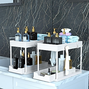 MEAFBIRD 2 Pack Under Sink Organizer, 2 Tier Bathroom Cabinet Organizer with Sliding Basket, Multi-Purpose Under Sink Organizers and Storage for Bathroom Kitchen