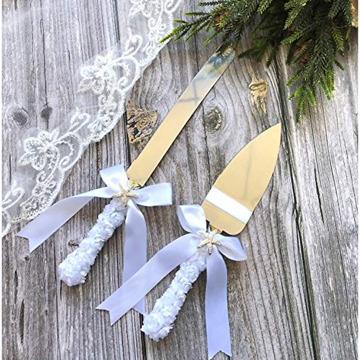 Abbie Home Wedding Cake Knife and Server Set - Flower Wrapped Handle with Silk Bow and Rhinestone Jewelry Décor (Starfish)