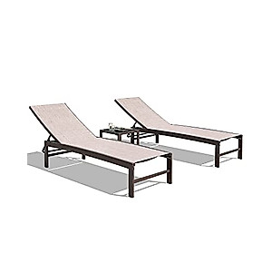 Crestlive Products 2PCS Patio Chaise Lounges and 1PC Table Set Aluminum Adjustable Lounge Chairs with Tempered Glass Side Table, Curved Design, All-Weather Outdoor Recliners (Beige)