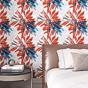 ReWallpaper 17.5in×23ft Floral Wallpaper Red and White Floral Peel and Stick Wallpaper Boho Blue Floral Petals Contact Paper for Cabinets Drawers Walls Blooming Flowers Wallpaper Waterproof Easy Apply