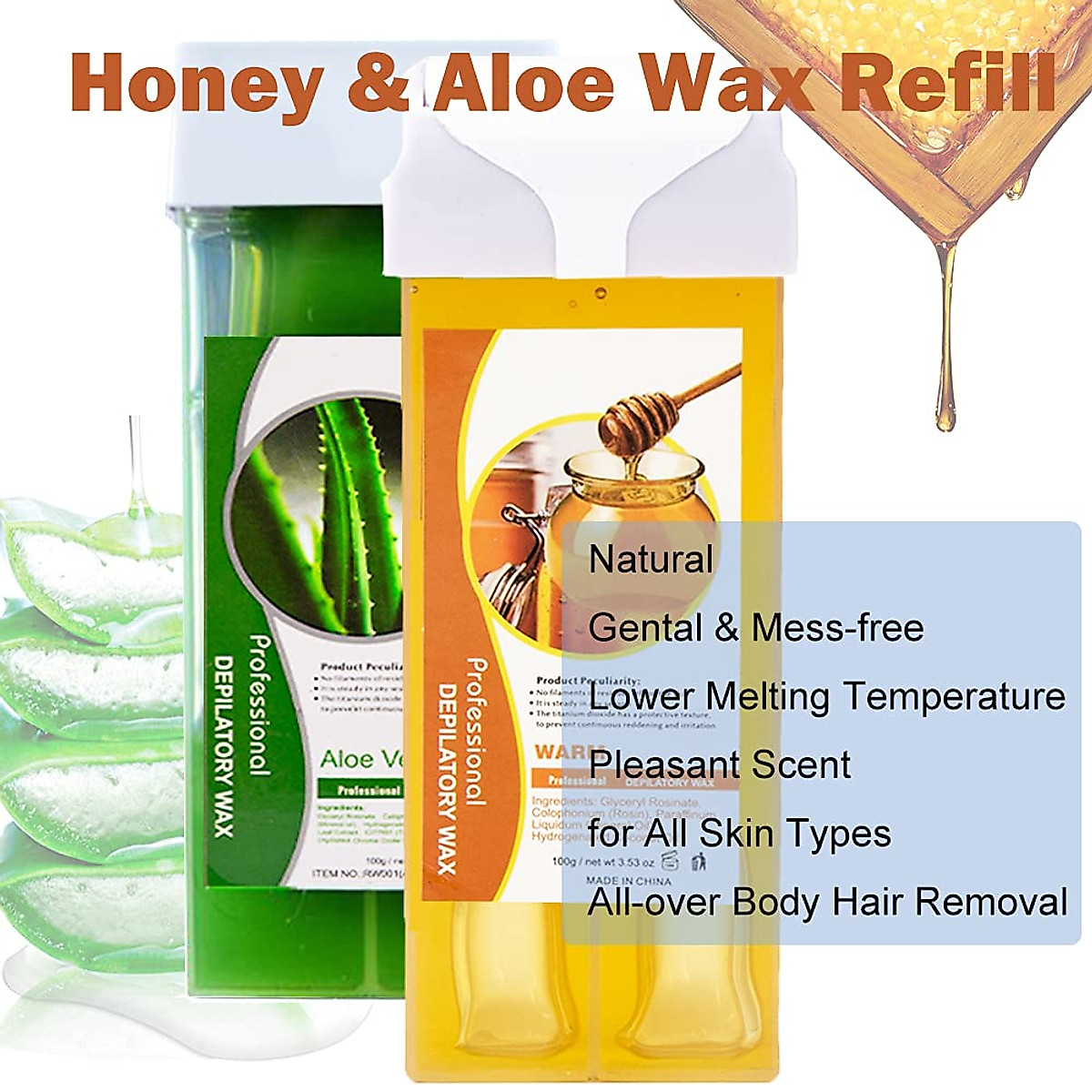 iMeshbean® Depilatory Roll on Wax Heater Roller Warmer Cartridge Strips Hair Removal Kit USA (Aloe & Honey Wax & 100 Paper)