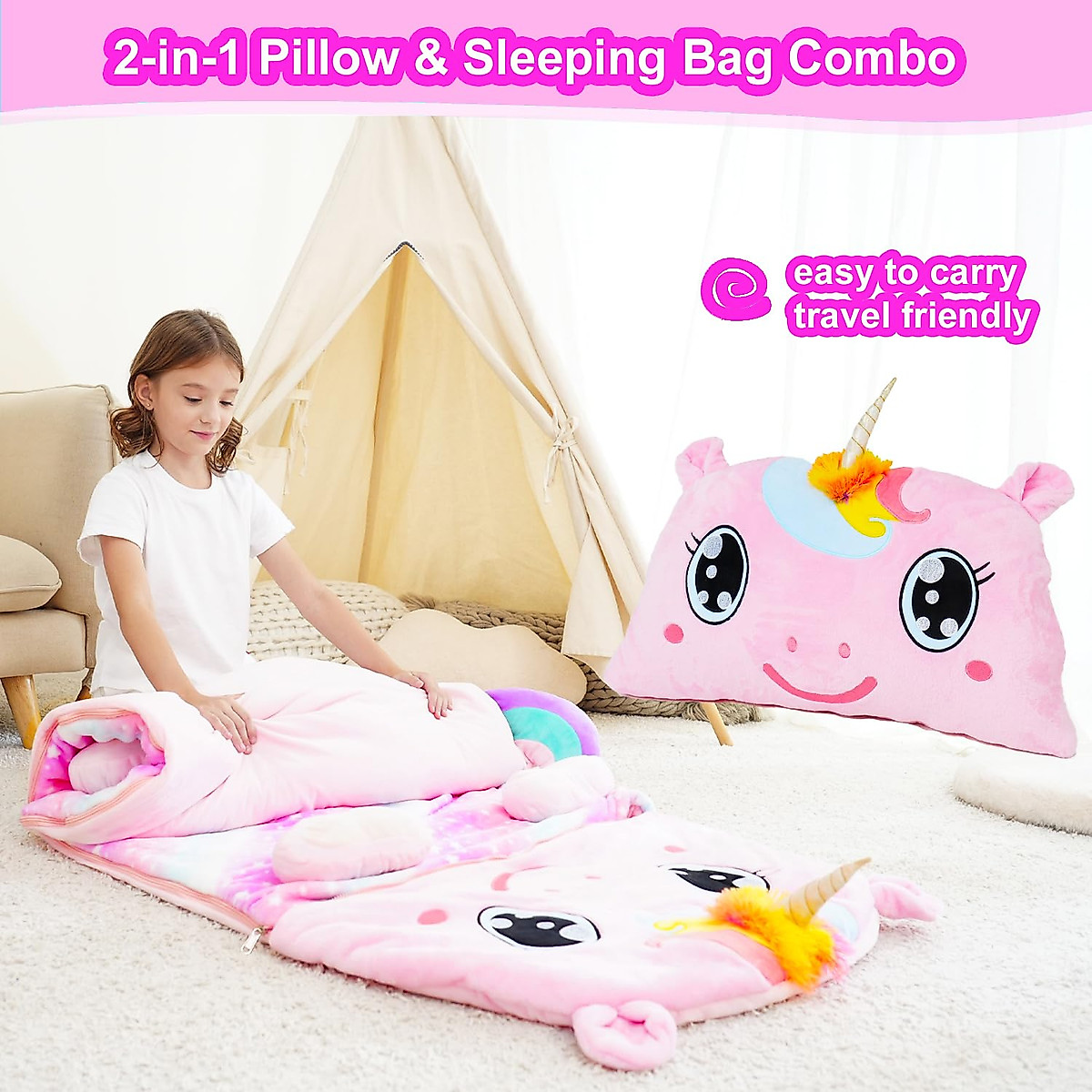 Kid Sleeping Bag with Pillow - Larger Toddler Nap Mat - Plush Unicorn Slumber Bag for Boys Girls Daycare Preschool Kindergarten Birthday Gift Travel Sleepover Ages 3-12 Years